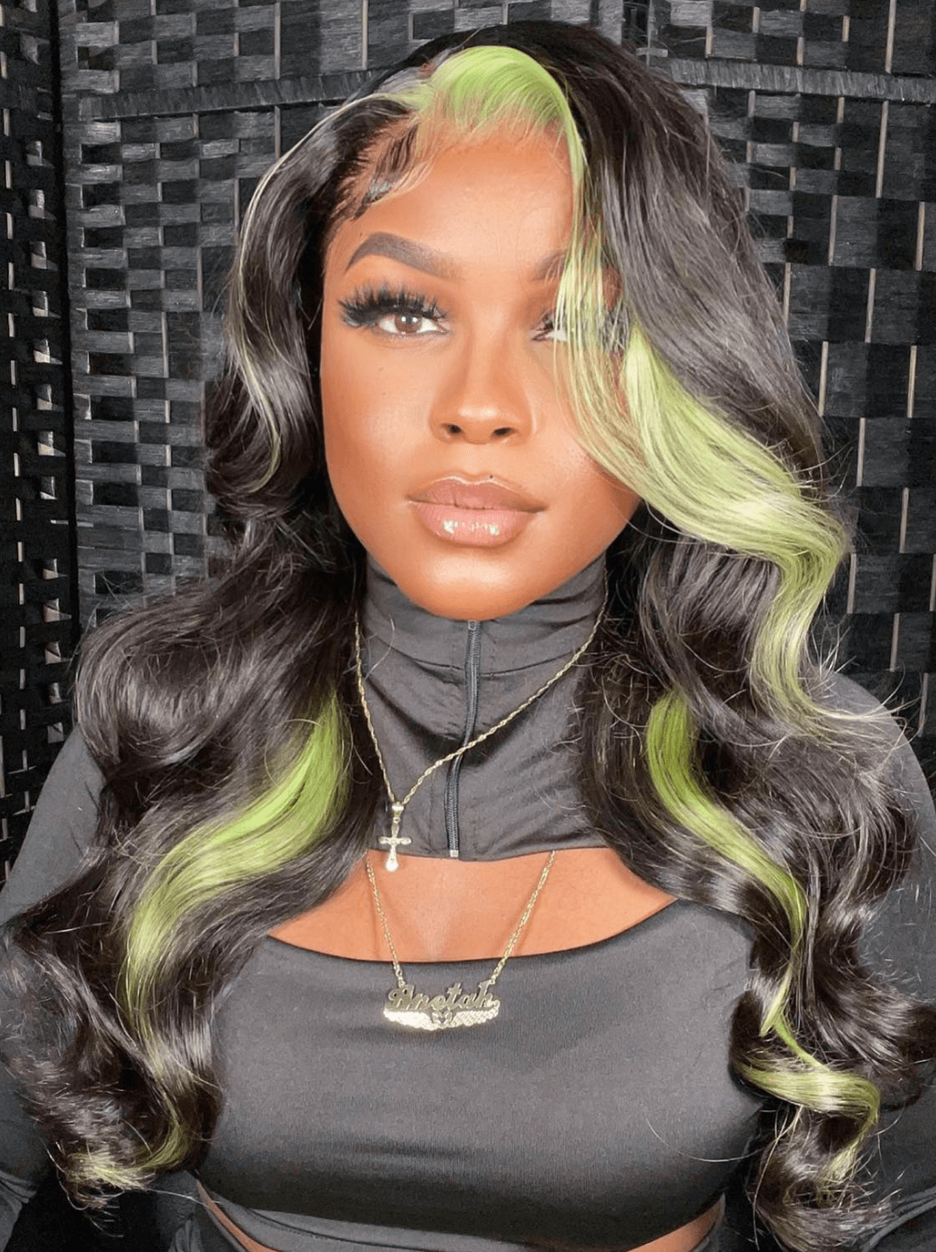 Black With Green Skunk Streaks Body Wave HD Lace Front Human Hair Wig ...