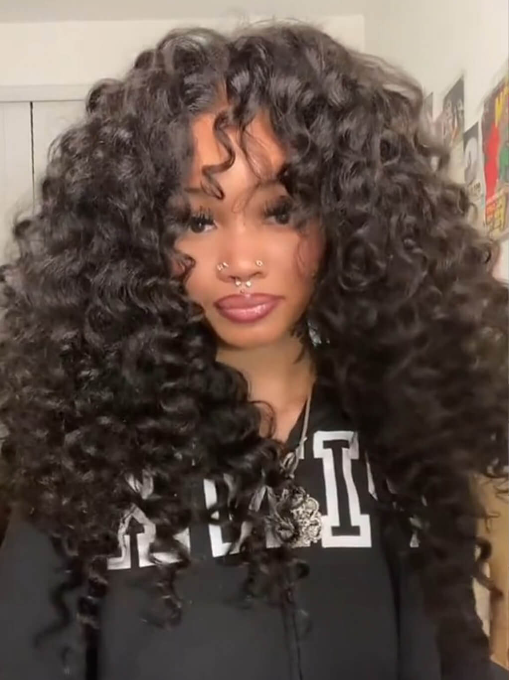 300 Density Crimped Deep Wave Curls Curtainn Bangs Human Hair Wigs ...