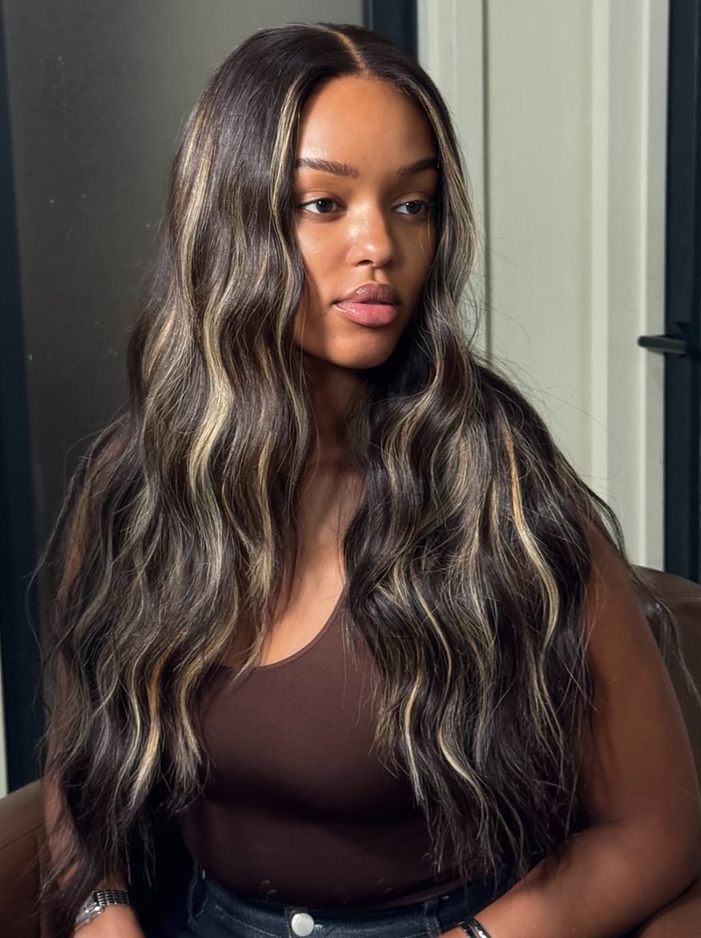 Balayage Black Brown Highlight Streaks Human Hair Wigs 200 Density ...