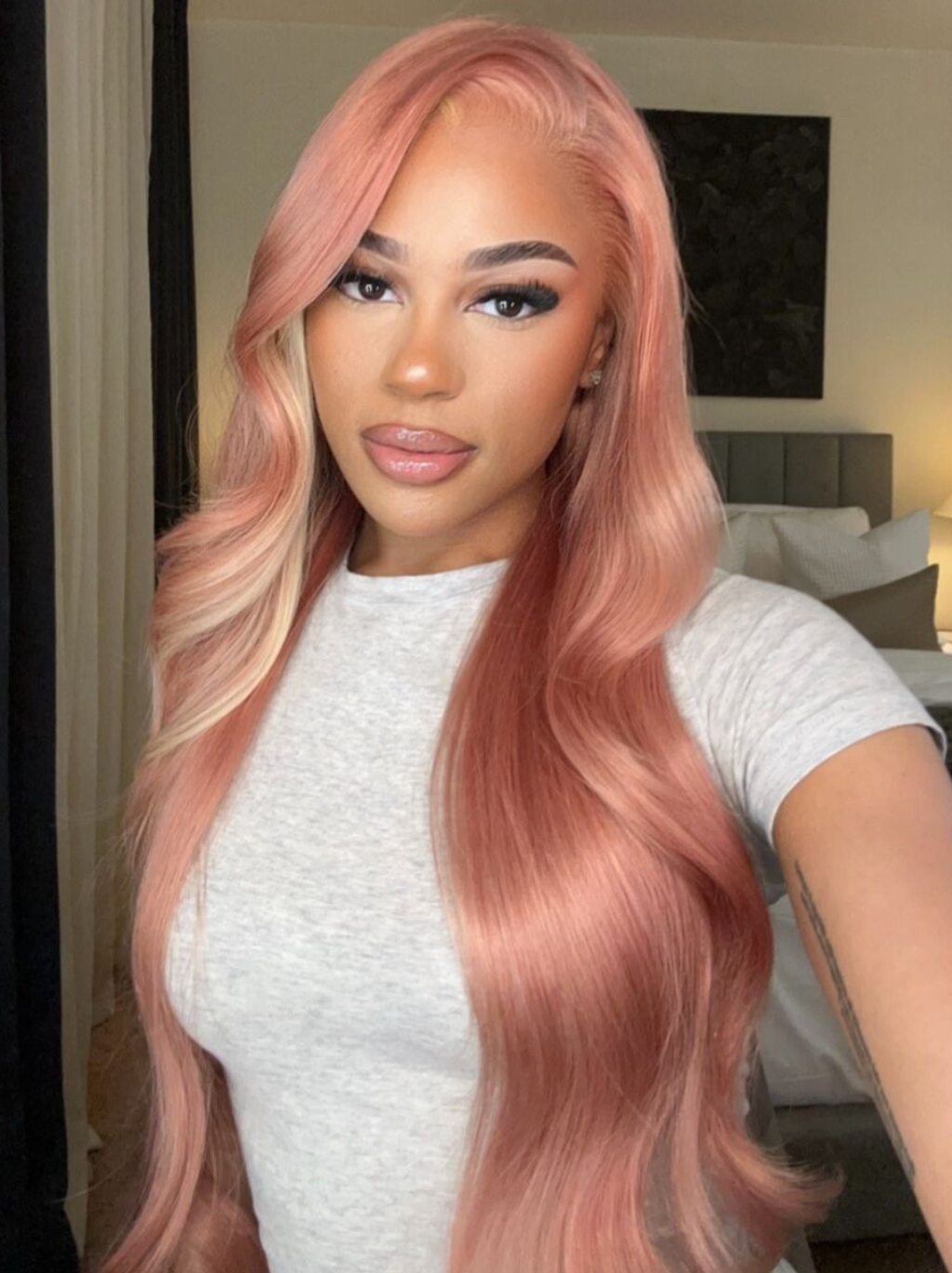 Pink With Blonde Highlights Skunk Stripe Lace Front Human Hair Wigs ...