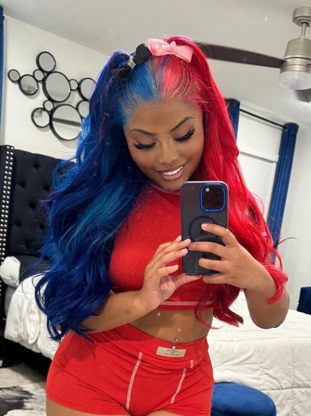 Split Dye Half Red Half Blue Lace Front Human Hair Wigs 200 Density ...